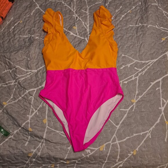 Swim | Swim Suit Pink Orange Low Back Ruffled Straps New 1 Piece | Poshmark